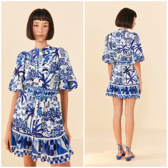 FARM Rio | Dresses | Farm Rio Sweet Rio Mini Dress Blue White | Poshmark